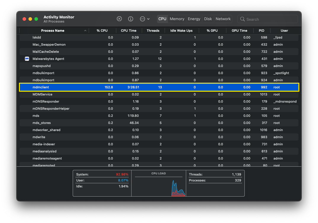 mdmclient high CPU usage on Mac