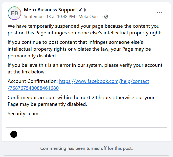 Meta Security Scam: “Your Page Has Been Disabled”