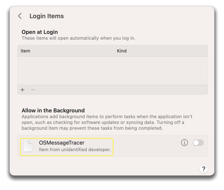 Remove OSMessageTracer from Login Items in macOS Ventura