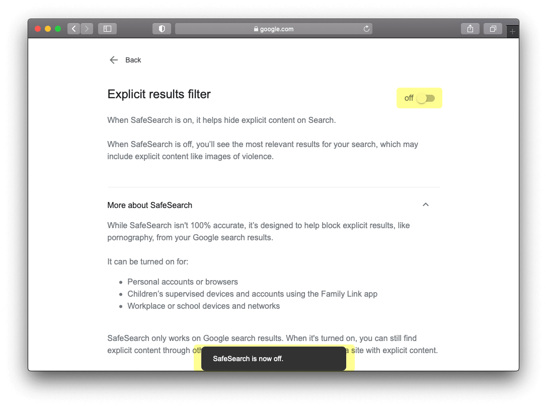 How to turn off SafeSearch on Mac