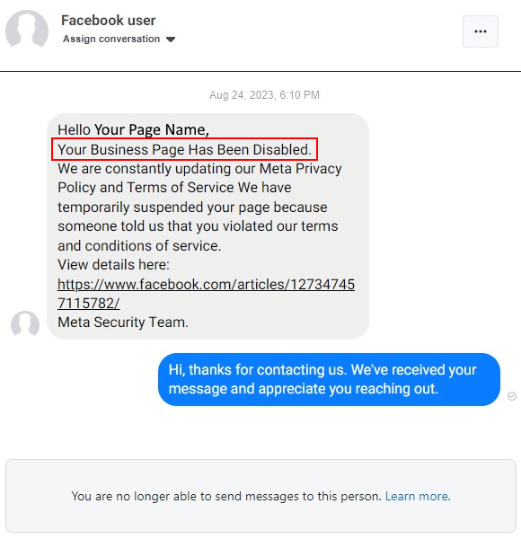 Meta Security Scam: “Your Page Has Been Disabled”