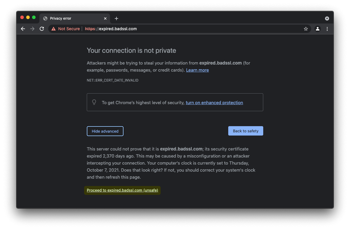 How to fix “Your connection is not private” error in Chrome / Safari on Mac
